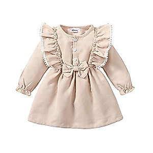 BOBORA Toddler Girl Fall Dress Kid Solid Corduroy Ruffle Long Sleeve Princess Dress Winter Outfit Little Girl Casual Clothes(Beige, 12-18M)