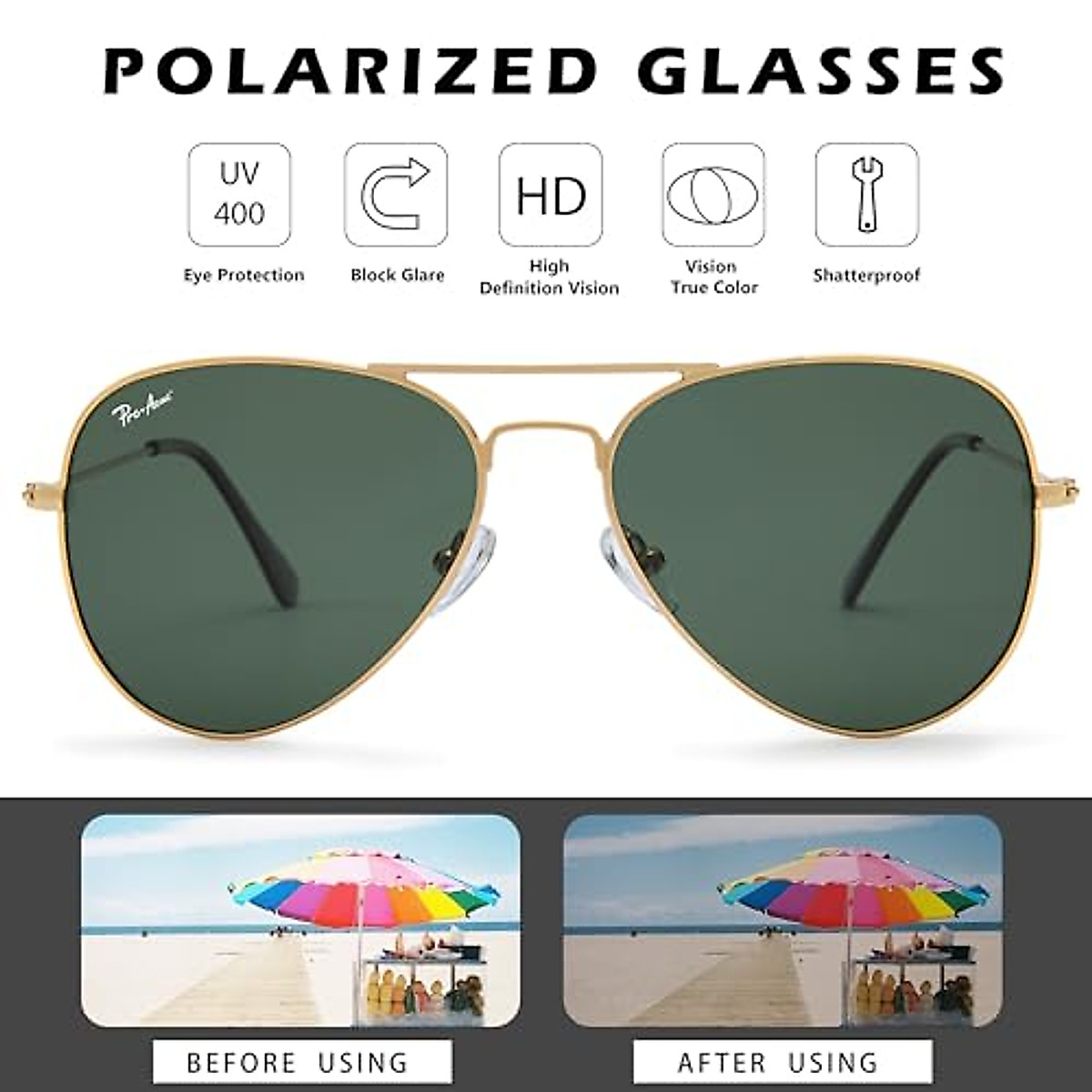 Pro Acme Classic Polarized Aviator Sunglasses for Women Men, Driving Sun Glasses Polarized Lens Lightweight Metal Pilot Frame UV400 Protection (Gold | G15 Green Lens | With Logo)