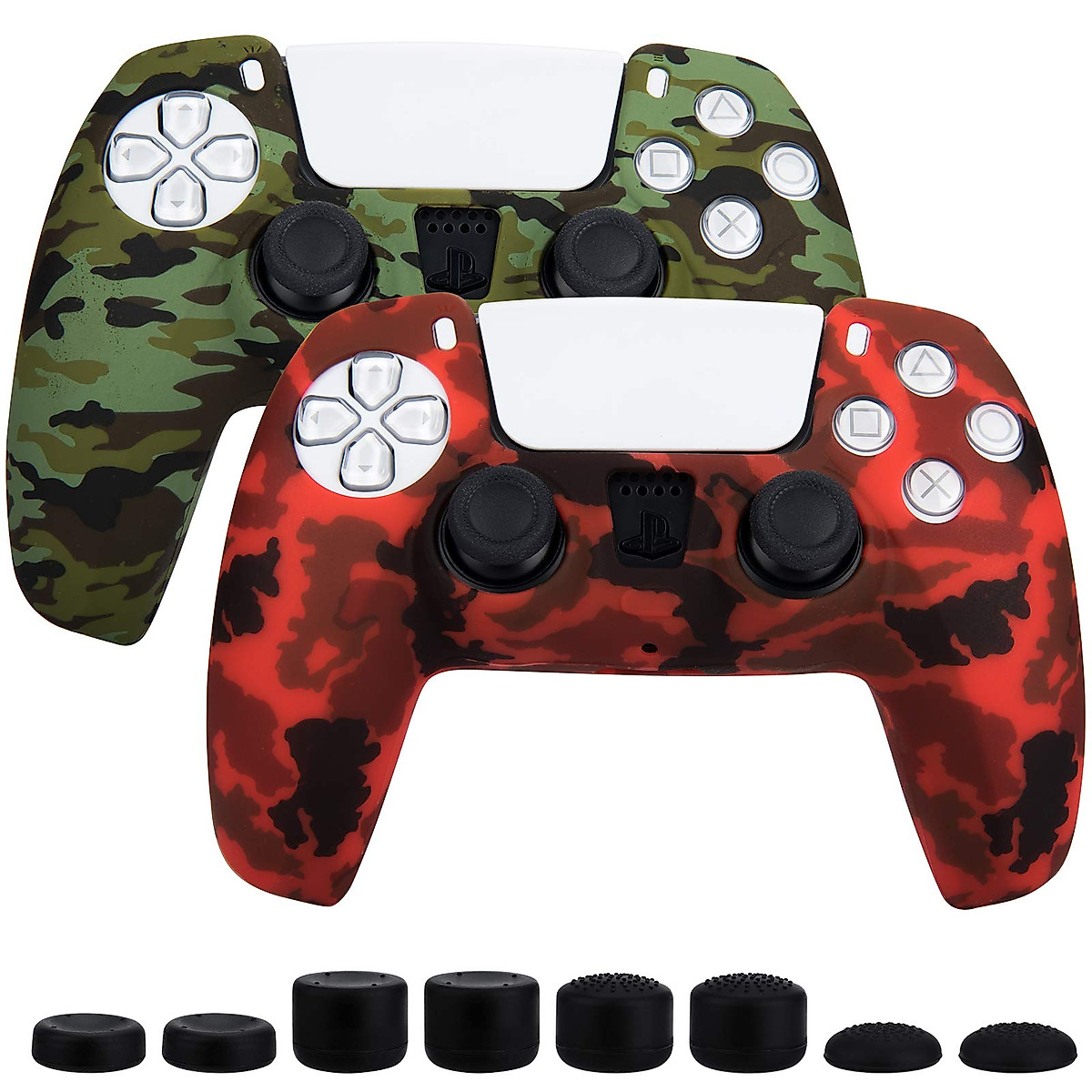 Silicone Gel Controller Cover Skin Protector for PS5 Dualsense Controller, Z&Hveez Controller Camouflage Silicone Covers with 8 FPS Pro Thumb Grip Caps (Red+Green)
