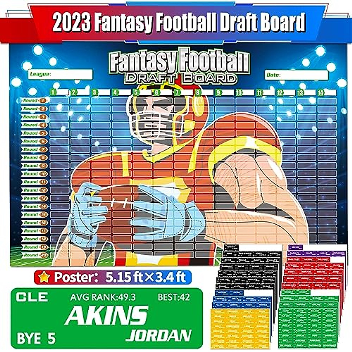 Fantasy Football Draft Board 2023-2024 Kit Extra Large Set with More 600+ Player Labels Premium Color Edition[12 Teams 20 Rounds]