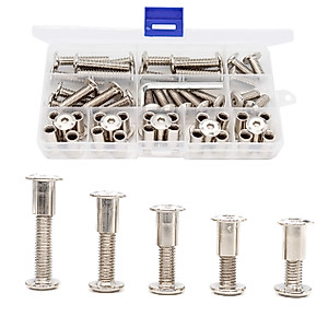 binifiMux 50pcs M8x20mm/25mm/30mm/35mm/40mm Rivet Countersunk Hex Socket Cap Bolts and Hex Head Barrel Nuts Assortment Kit for Furnitures Cribs Chairs, Nickel Plated