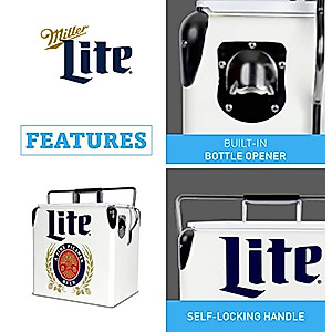 Miller Lite Retro Ice Chest Cooler with Bottle Opener 13L (14 qt), 18 Can Capacity, Blue and Red, Vintage Style Ice Bucket for Camping, Beach, Picnic, RV, BBQs, Tailgating, Fishing
