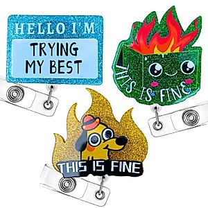 3 PC Funny Badge Reel Retractable with ID Name Tag Card Cute This is Fine Dumpster Fire Hello Badges for Nurse Nurses Nursing RN CNA MA LPN Best Work Office Coworker Alligator Clip Accessories Gift