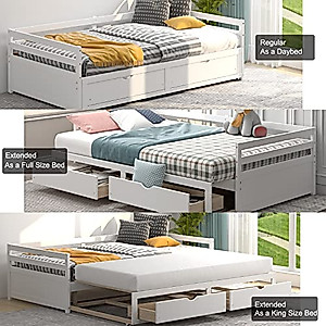DORTALA Twin to King Daybed with Trundle and 2 Storage Drawers, Modern Extendable Daybed with Pull Out Bed Twin, Dual-use Sofa Bed for Bedroom, Guest Room, Living Room, No Box Spring Required, White