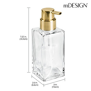 mDesign Modern Square Glass Refillable Foaming Hand Soap Dispenser Pump Bottle for Bathroom Vanities or Kitchen Sink, Countertops - Clear/Soft Brass
