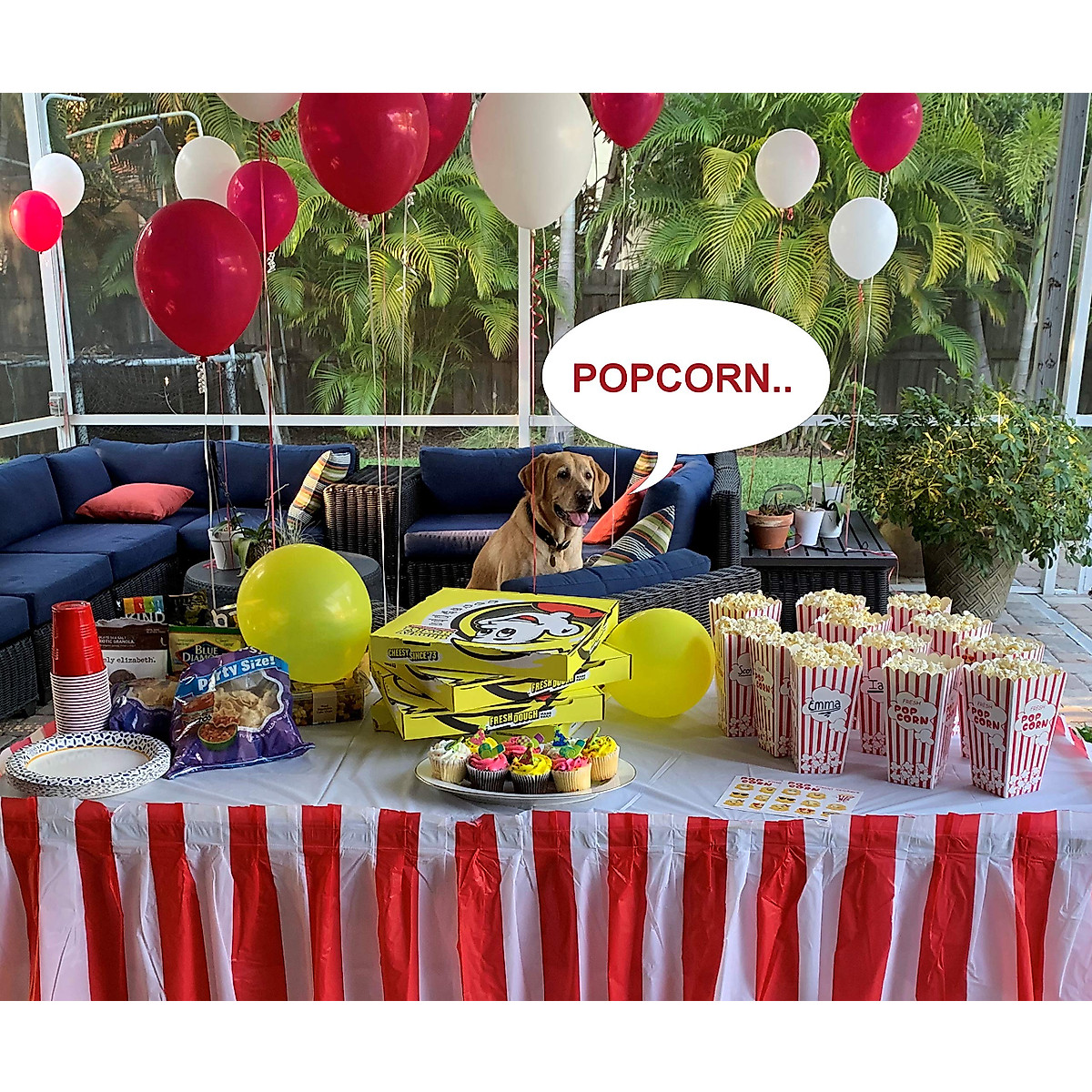 ViziY 32 Popcorn Boxes Red and White Striped-Retro Vintage Paper Movie Night Design-Theater Container Cup Holder-Carnival Party Decorations-Bottom Insert Card Helps Prevent Leaks Bonus-Emoji Stickers