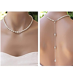 1PCS Exquisite Imitation Pearls Necklace Sexy Tassel Backdrop Necklace Long Body Chain Pendant Backless Dress Accessories Decoration Bikini Bodychain for Women Girls Wedding Brides and Prom