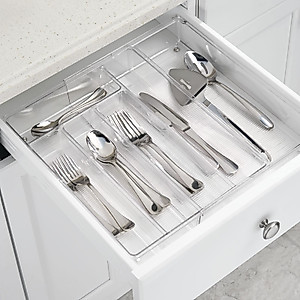 mDesign Adjustable, Expandable Plastic Kitchen Cabinet Drawer Storage Organizer Tray - for Storing Organizing Cutlery, Spoons, Cooking Utensils, Gadgets - 2 Pack - Clear