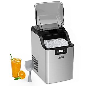 Nugget Ice Maker, Zstar Countertop Ice Maker, Stainless Steel Pebble Ice Maker, 44LBs/24H, Self-Cleaning and Timer Function, Small Portable Sonic Ice Maker with Ice Basket and Ice Scoop for Home, RV
