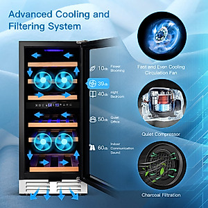 ORALNER 15“ Dual Zone Wine Cooler Refrigerator, 30-Bottle Built-in Beverage Wine Fridge w/Removable Wooden Shelves, Lockable Glass Door, Blue LED Interior Lights, Drink Wine Cellar for Kitchen Bar