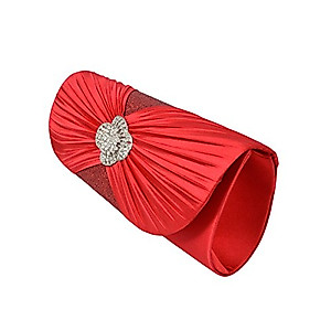 Elegant Cross Pleated Satin Flap Crystal Clutch Evening Bag, Burgundy