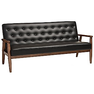 Baxton Studio Sorrento Mid-Century Retro Modern Faux Leather Upholstered Wooden 3-Seater Sofa, Black