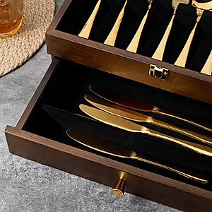 Yoimori Fine Silverware Box with Glass Lid, 2-Layer Wooden Silverware Chest with Drawer, 14.5×10.6 Inches Luxury Style Decor Flatware Storage Case for Home&Restaurant, Gift Idea (Walnut)