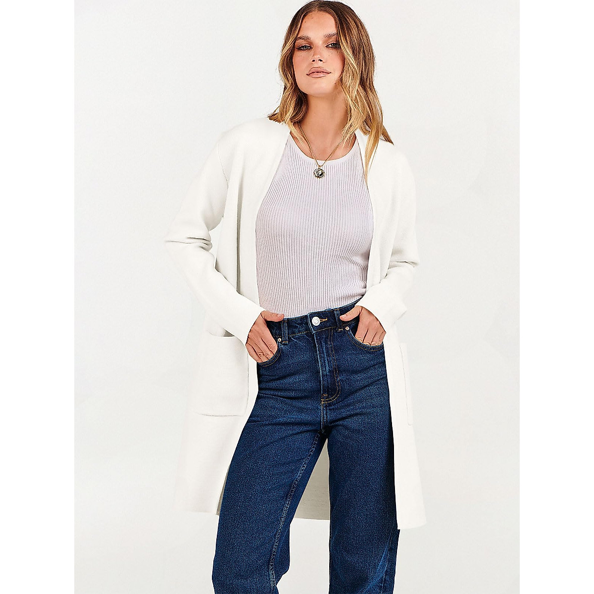 ANRABESS Cardigan Sweater for Women Casual 2024 Fall Fashion Coat Long Sleeve Open Front Knit Coatigan Outwear Off White Large