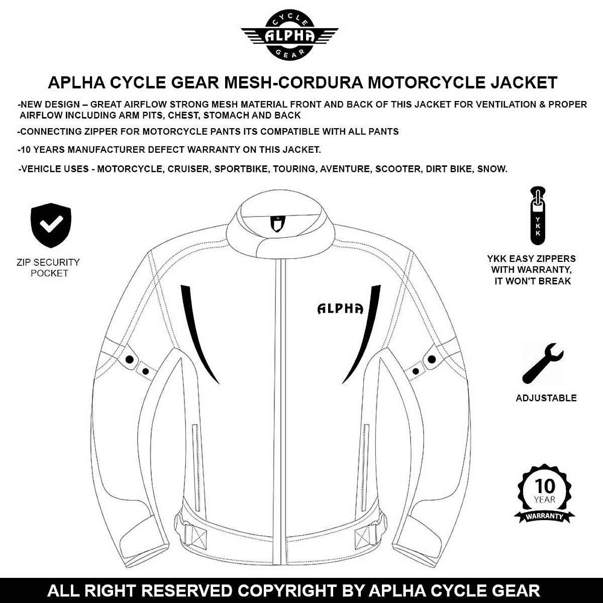 ALPHA CYCLE GEAR HI VIS MESH MOTORCYCLE JACKET FOR MENS RIDING BIKERS RACING DUAL SPORTS BIKE ARMORED PROTECTIVE... (BLACK, X-LARGE)