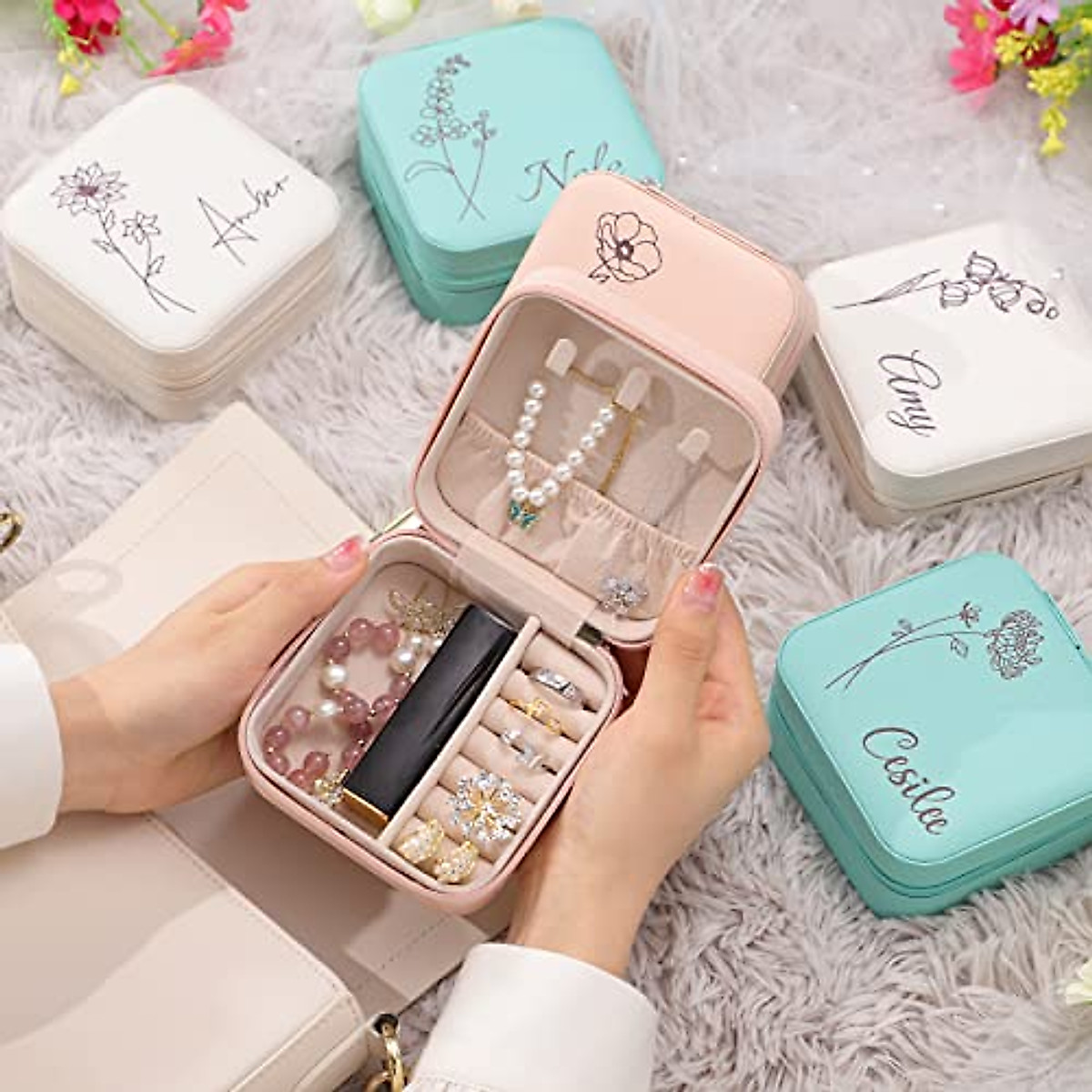Corissy Personalized Jewelry Box for Women, Custom Travel Jewelry Case with Name and Birth Flower, Leather Jewelry Box for Rings, Earrings, Necklaces, Personalized Gifts for Women