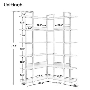 Daesar 74.8 Inch Bookshelf L-Shape MDF Boards Stainless Steel Frame Corner 6-Tier Shelves Adjustable Foot Pads, Black