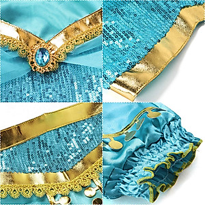 Tacobear Jasmine Costume for Girls Arabian Sequined Jasmine Dress up with Wig Tiara Wand Cosplay for Kids (130(5-6T), 01 Jasmine Costume with Wig)