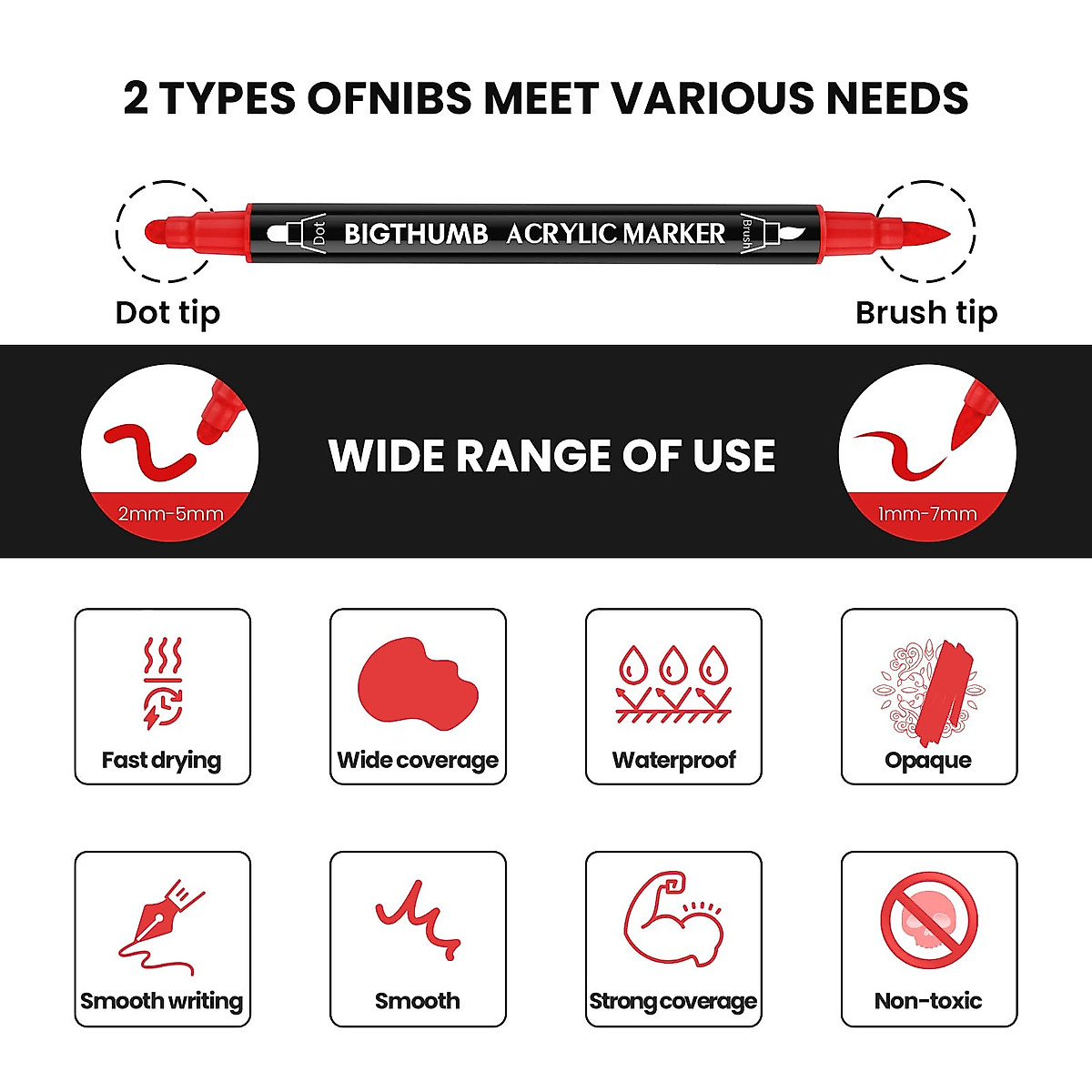 BIGTHUMB 26 Colors Acrylic Paint Pens, Dual Tip Acrylic Paint Markers with Brush Tip and Dot Tip, Paint Markers for Painting Rock, Wood, Canvas