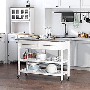 HOMCOM Kitchen Island Rolling Utility Trolley Cart with 2 Drawers Stainless Steel Top - White