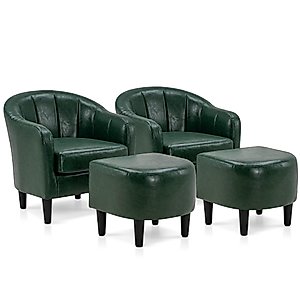 MCombo Accent Chair with Ottoman Set of 2, Faux Leather Upholstered Barrel Armchair for Living Room, Small Space, Corner 4022 (Green)