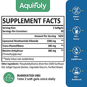 Aquifoly Liposomal Nicotinamide Riboside Supplement 2000 mg with TMG and Pterostilbene for Maximum Absorption, Superior to NAD, Boosting NAD+, Cellular Energy, and Age Defense, 60 Softgels