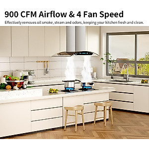 IKTCH Upgrated 30"Island Mount Range Hood,900 CFM Ducted Range Hood with 4 Speed Fan,Stainless Steel& Tempered Glass Range Hood 30 inch with Gesture Sensing&Touch Control Making life Smarter IKIS01-30