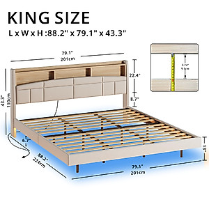 ANCTOR Floating King Bed Frame with Charging Station, Tall Bookcase Headboard, Solid Wood Slats Support, No Box Spring Needed, Easy to Assemble