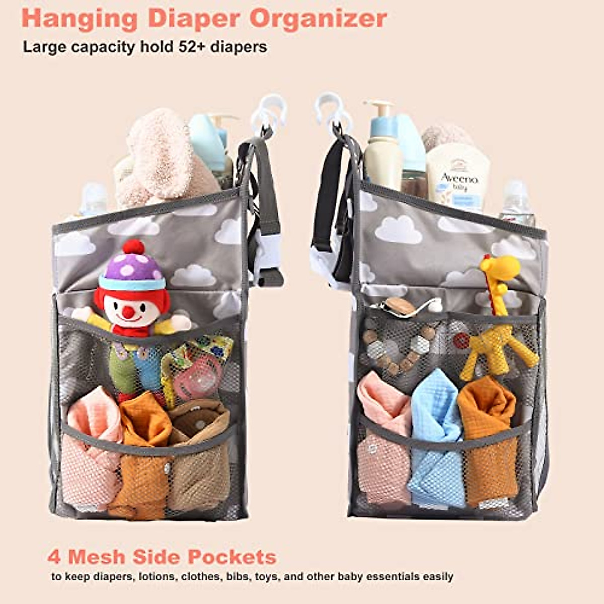 Yoe Gogh Hanging Diaper Caddy Organizer, Changing Table Baby Diaper Organizer with 4-Multi-Use Mesh Pockets, Nursery Storage Stacker for Cribs Playard Bassinet