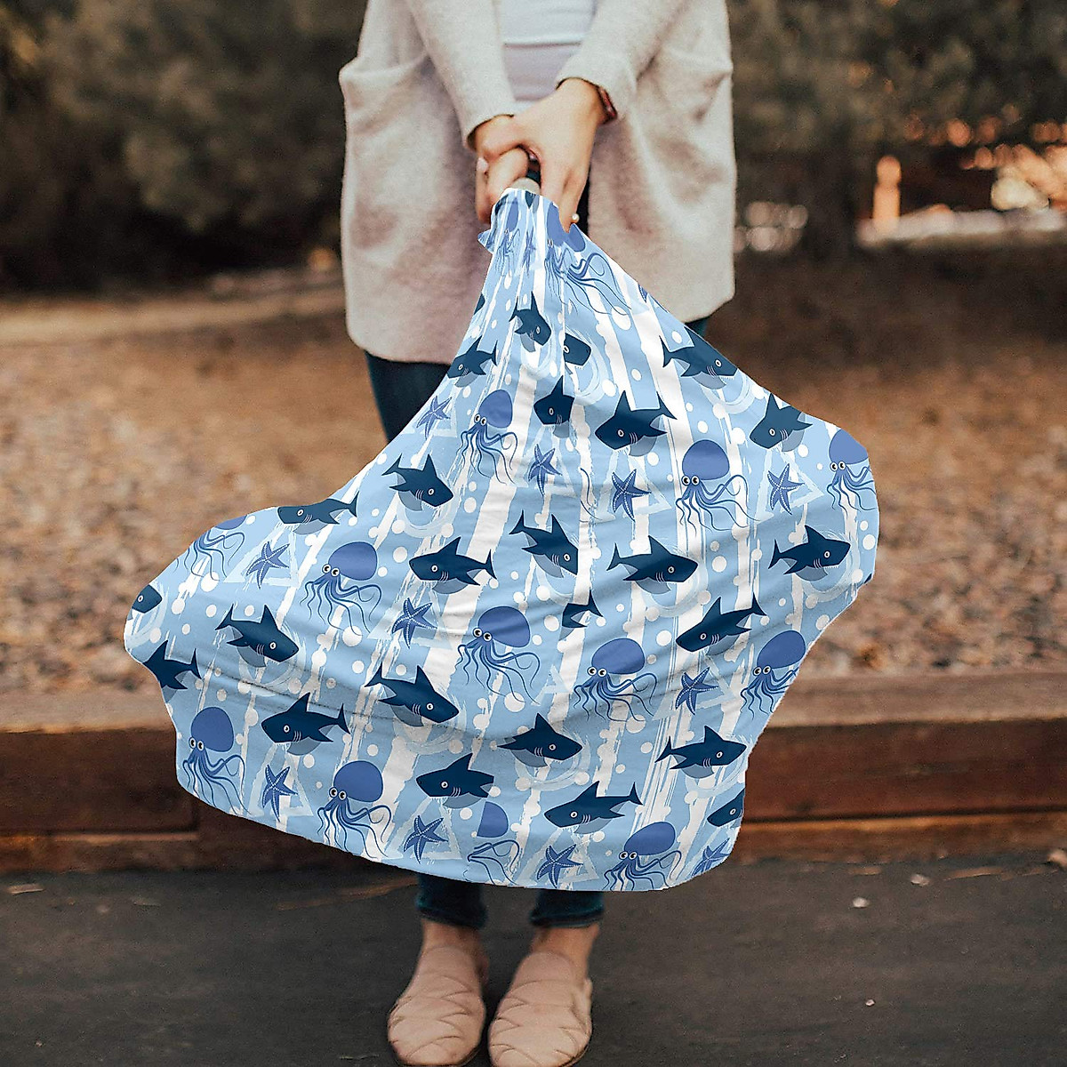Nursing Cover for Breastfeeding Scarf Super Soft Cotton Multi Use for Baby Car Seat Covers Canopy Shopping Cart Cover Blanket Stroller Cover-Ocean Themed Fish Shark Octopus Starfish