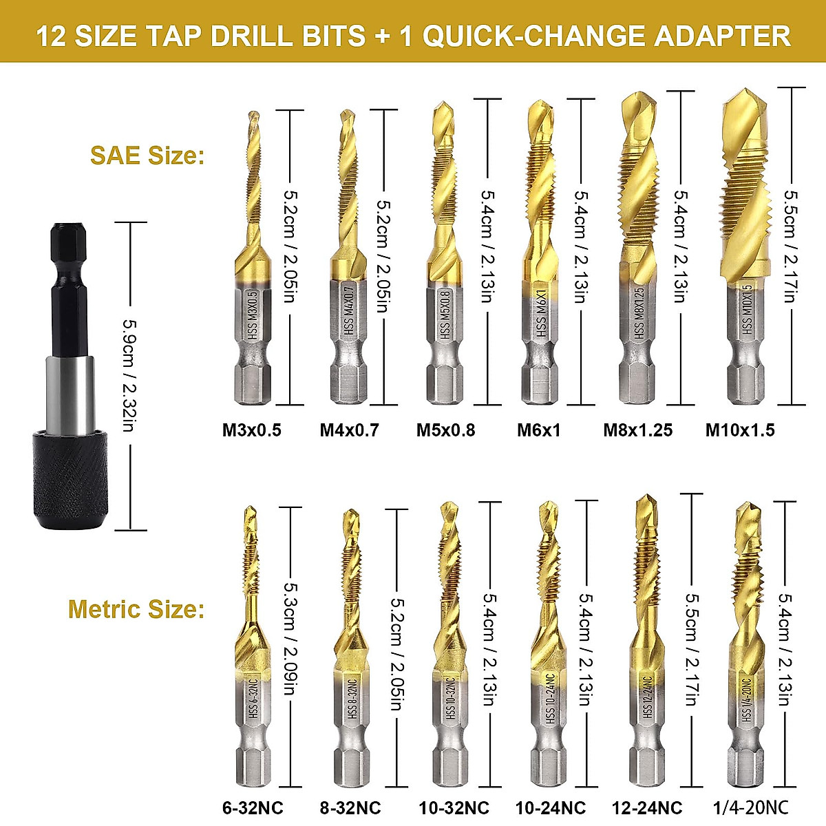 Valkynos Drill Tap Set with Quick-Change Adapter of 13Pcs, 6 SAE Sizes: 6-32NC to 1/4-20NC, 6 Metric Sizes: M3 to M10, Titanium Combination Drill & Tap Bit Set for Drilling Threads, Tapping