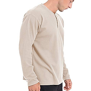 QUALFORT Men's Waffle Henley Shirt Lightweight Long Sleeve Classic Stitch Pullover Sweater Beige Large