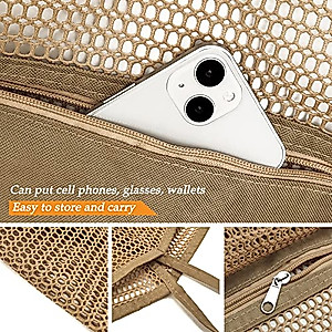 Felomdep Large Mesh Beach Tote Bag for Women，Shoulder Bag, Nylon Pool Bag, Hobo Bag for Beach Travel Shopping,Brown