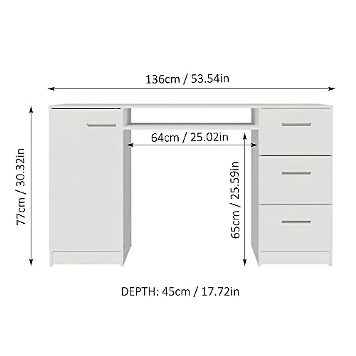 Madesa Computer Desk with 3 Drawers, 1 Door and 1 Storage Shelf, Wood Writing Home Office Workstation, 30” H x 18” D x 53” W - White