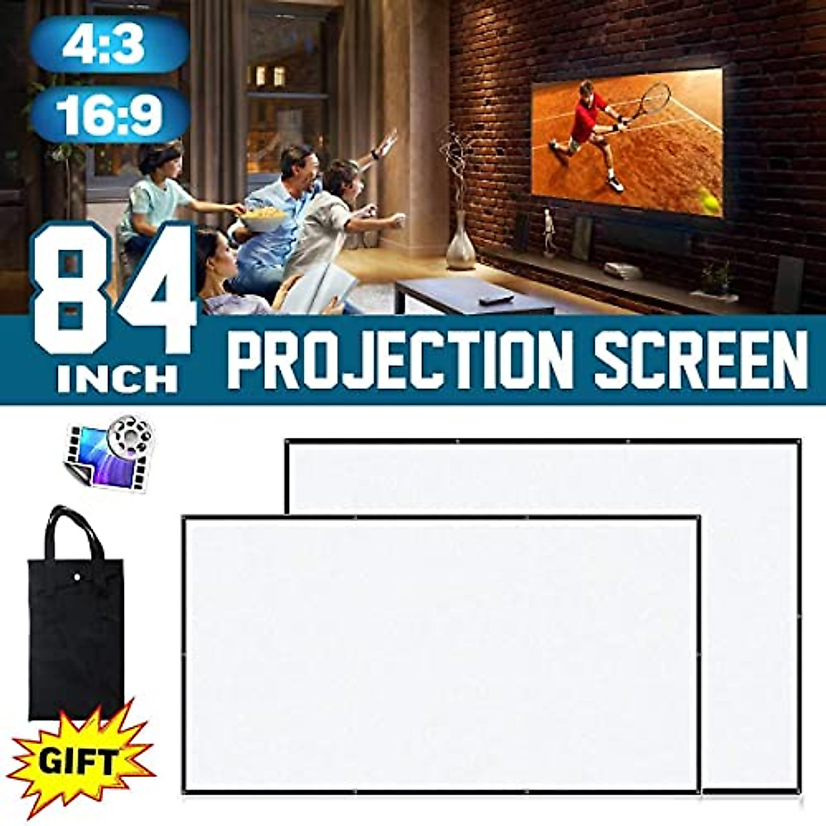 FMOGE 16:9 Projector Simple Curtain Anti-Light Screen 84 Inches Home Outdoor Office Portable 3D HD Projector Screen
