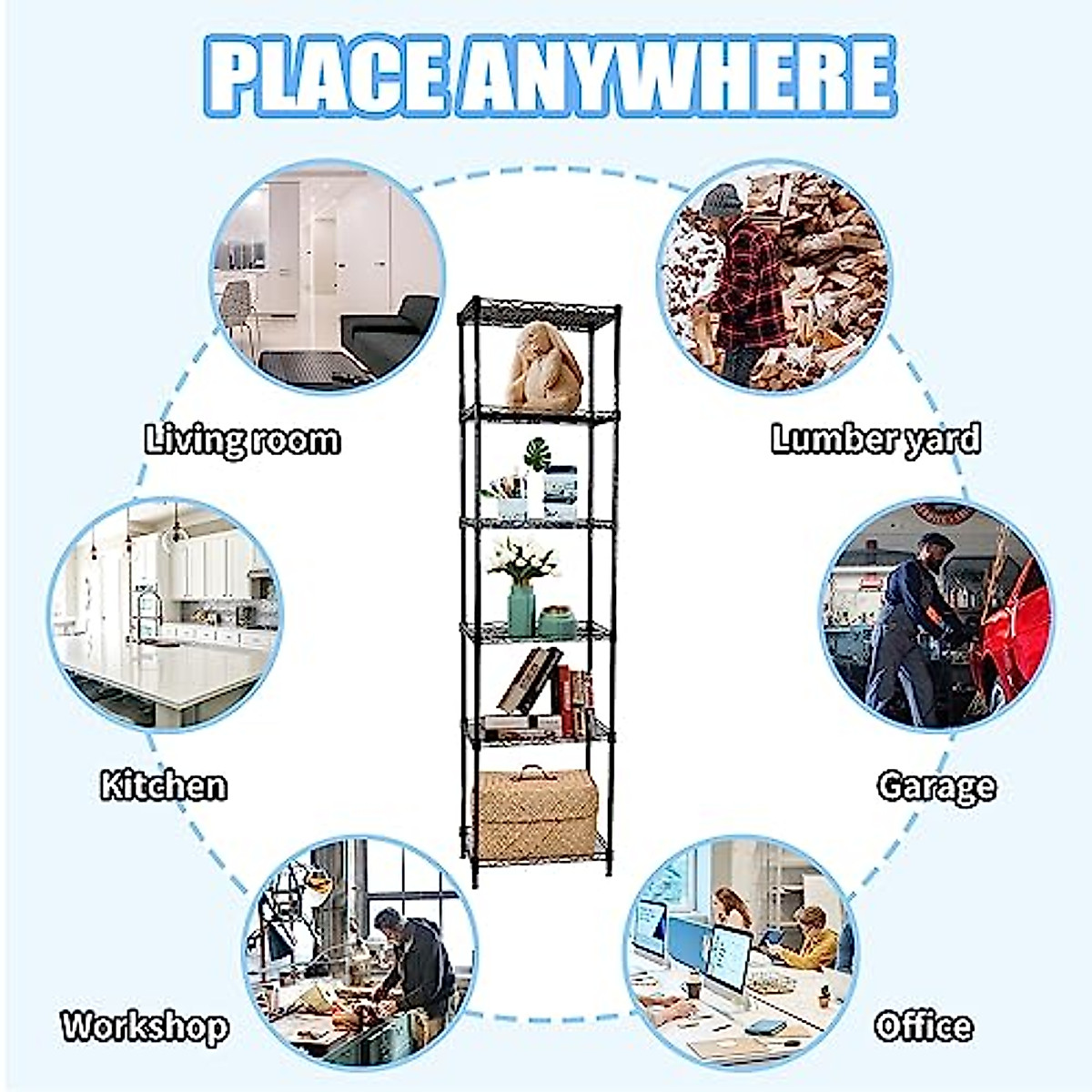 SUNLPH 6-Tier Wire Shelving Adjustable Shelves Unit Metal Storage Rack for Laundry Bathroom Kitchen Pantry Closet Organization (Black, 16.6" L x 11.4" W x 64.6" H)…