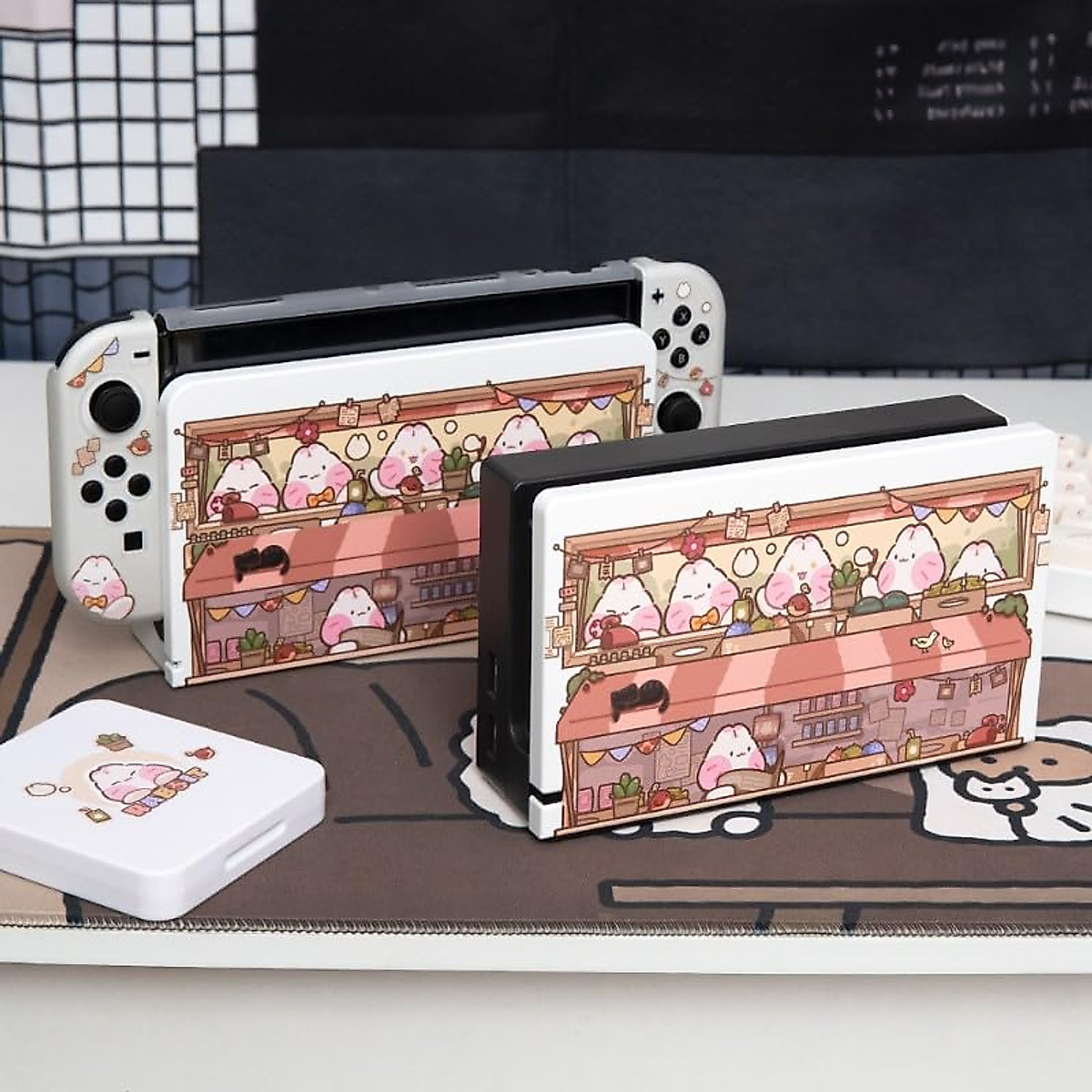 Kiloluv Bunny Grocery Switch OLED Protective Case & Dock Cover Set, Protective Skin Case Cover Faceplate Sleeve Compatible with Nintendo Switch OLED Console, Joy-Cons and Charging Dock