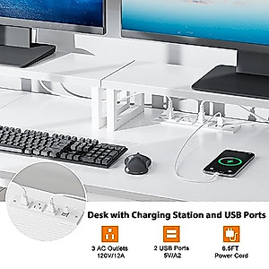 Furologee White Computer Desk with Drawer and Power Outlets, 47" Office Desk with 2 Monitor Stands and Fabric File Cabinet, Writing Gaming Table with Shelves and 2 Hooks for Home Office