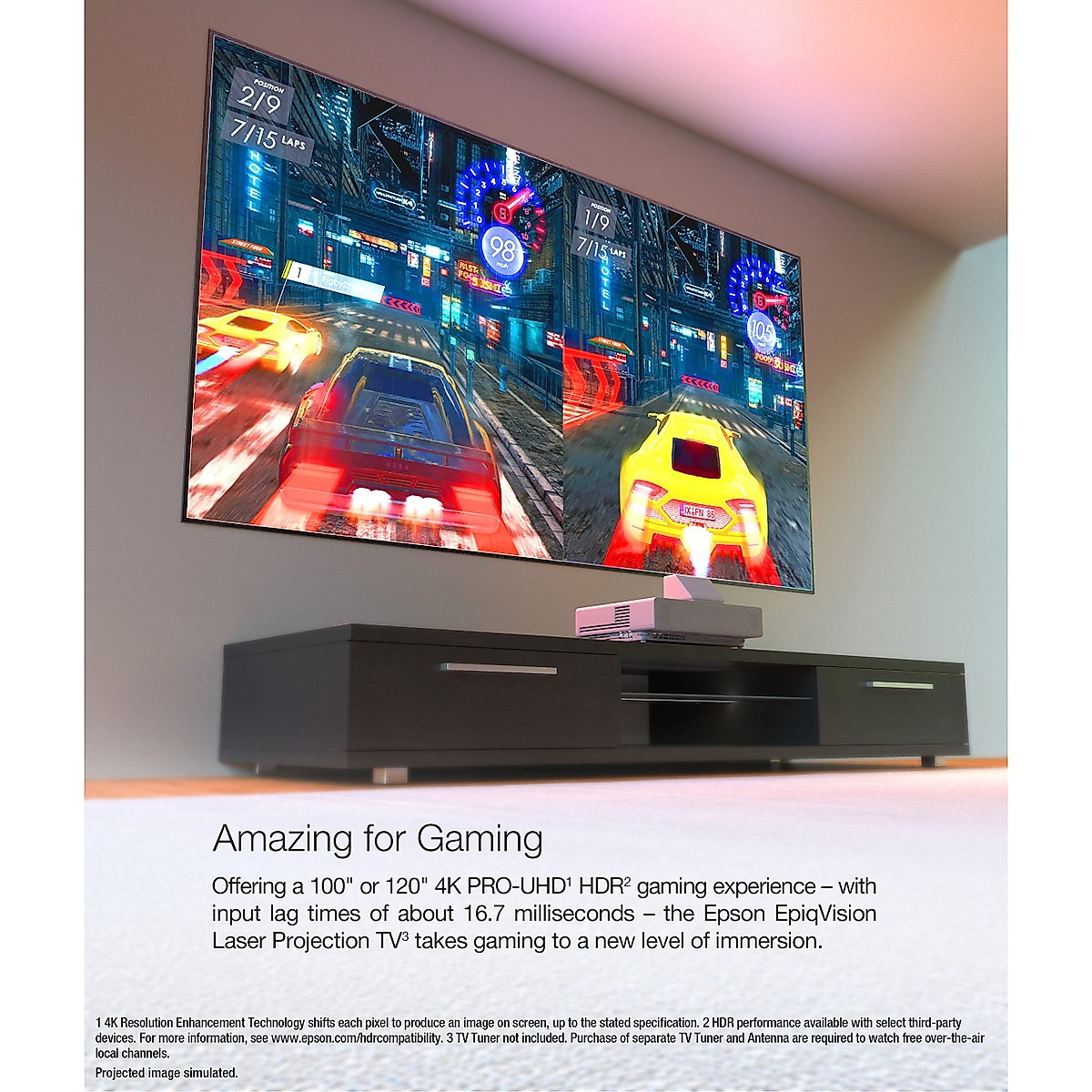 Epson 120” EpiqVision Ultra LS500 Laser Ultra Short Throw Projection TV (120-inch Screen Included), 4000 lumens, 4K PRO-UHD, HDR, Android TV, HDMI 2.0, Built-in Speakers, Sports & Streaming - White