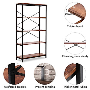 4 Shelf Bookcase, Bookshelf Industrial Style Metal and Wood Bookshelves, Open Wide Home Office Book Shelf