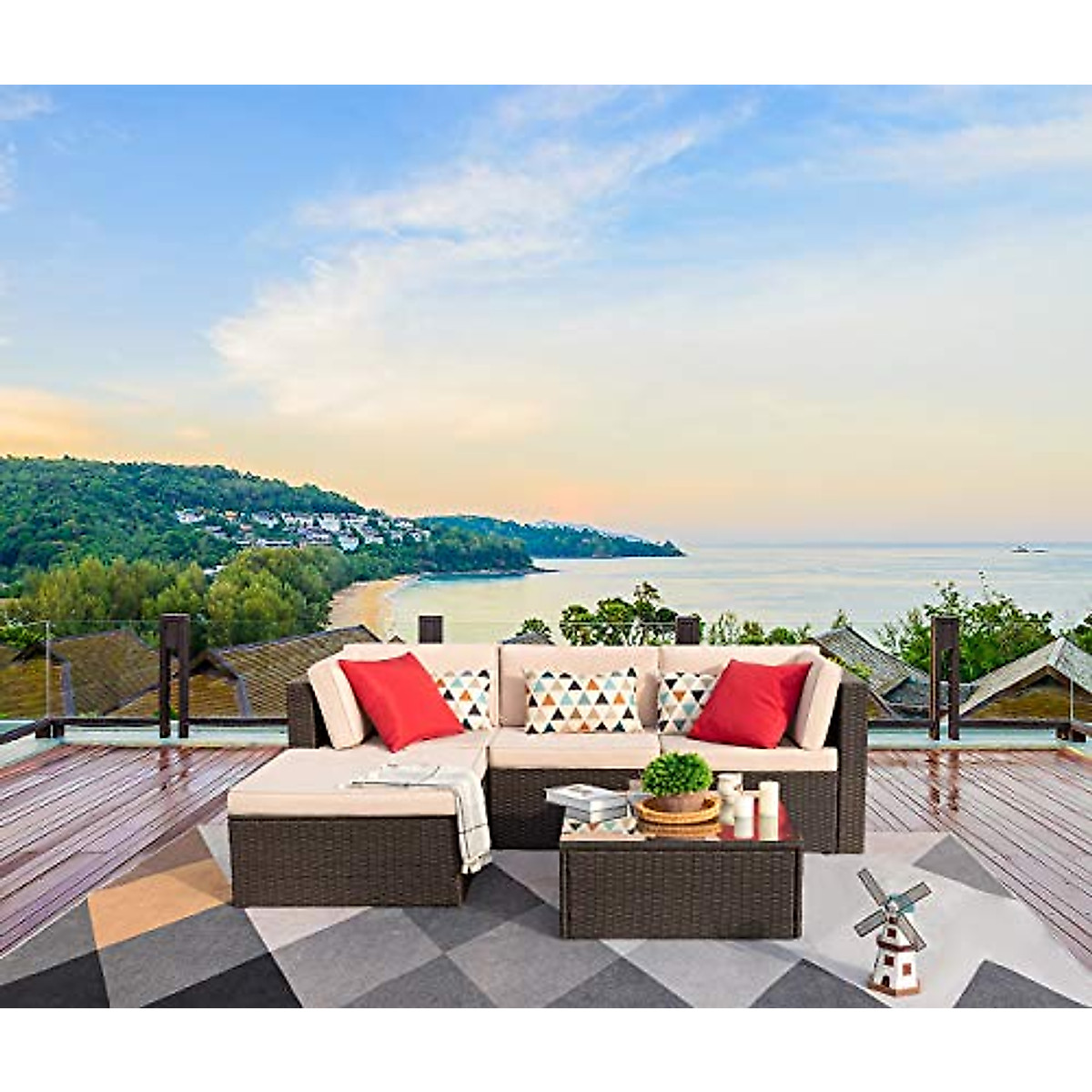 Devoko 5 Pieces Patio Furniture Sets All Weather Outdoor Sectional Patio Sofa Manual Weaving Wicker Rattan Patio Seating Sofas with Cushion and Glass Table(Beige)