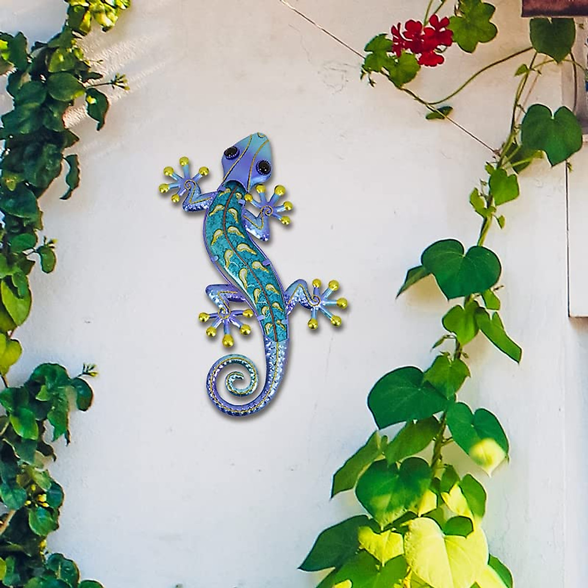HONGLAND Metal Gecko Wall Decor Outdoor Indoor Lizard Art Sculpture Glass Decorations for Home (Blue&Purple)