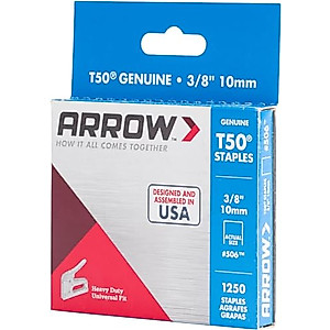 Arrow 506 Heavy Duty T50 3/8-Inch Leg Length, 3/8-Inch Crown, Staples for Upholstery, Construction, Furniture, Crafts, 1250-Pack
