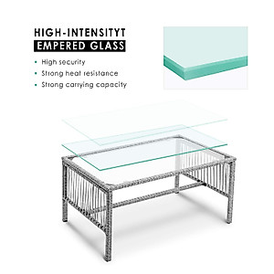 YYAO 4 PCs Outdoor Patio Rattan Furniture Conversation Sets PE Wicker Rattan Sofa Chair Cushioned Seat Furniture Set,Coffee Table with Tempered Glass Tabletop - Gray
