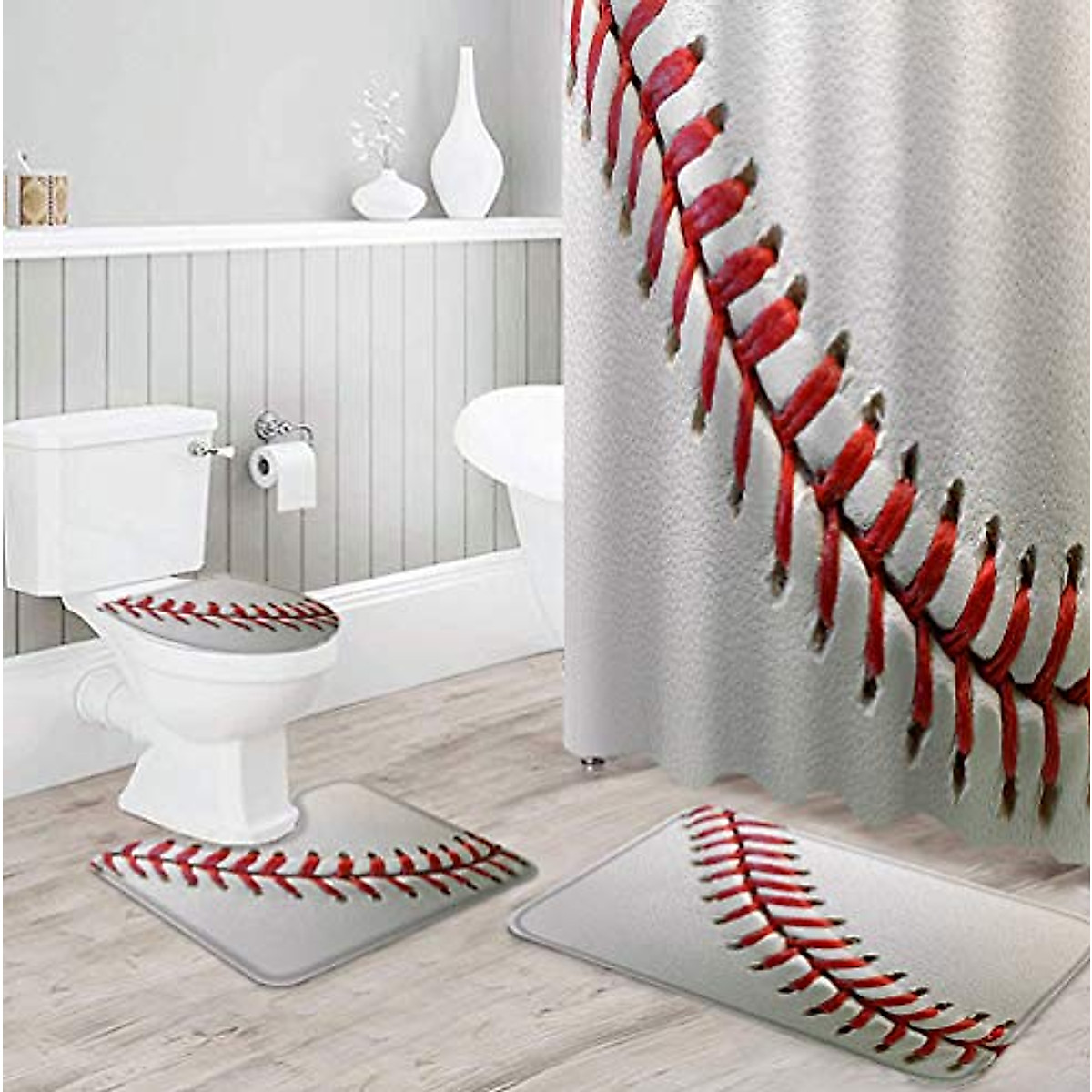 4 Pieces Bathroom Shower Curtain with Mats Set Sports Baseball Texture Closeup Background,Non-slip Bath Rugs Toilet Lid Cover U-shaped Carpet,Red and White Lines Laces Doormats Waterproof Curtains