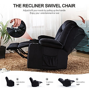 COMHOMA Recliner Chair Massage Rocker with Heated 360 Degree Swivel Lazy Boy Recliner Single Sofa Seat with Cup Holders for Living Room (Black)