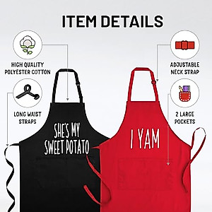 Witty Enterprise — Funny Couple Aprons (2 Pack) + Gift Bag — She’s My Sweet Potato, I Yam — For Girlfriend, Boyfriend, Friend — Birthday, Engagement, Anniversary, Wedding, Funny Gift Idea