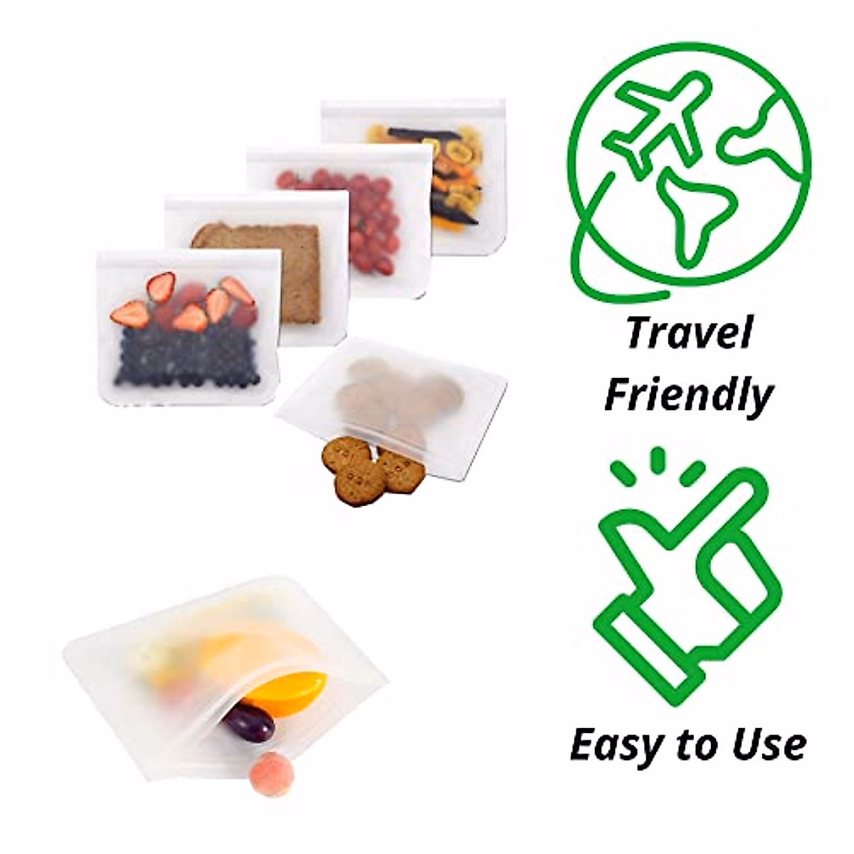 5 Pcs Reusable Food Storage Bags Large Size, BPA Free PEVA Reusable Freezer Bags, Reusable Ziplock Sandwich Bags, Silicone Food Bags, Reusable Snack Bags, Clear, GTM400VPP