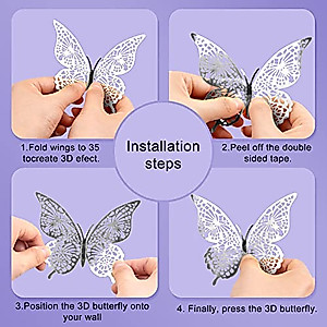AMMON 3D Butterfly Wall Decor 48 Pcs Silvery 3 Sizes Decal Decorations for Birthday Party Cake Mural Sticker Removable Room Wall Art Stickers for Kids Nursery Classroom Bedroom Living Room Party Wedding