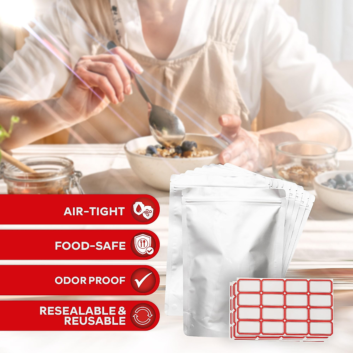 XFasten Resealable Mylar Bags for Food Storage with 112 Labels 1 Quart 7" x 10" (100-Pack) Resealable Bags for Small Business Resealable Mylar Bag for Food Preservation, Sealable Bags for Packaging